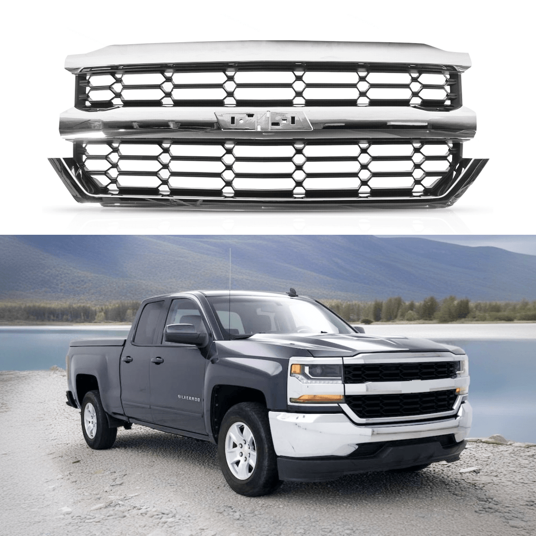 Fits 2016-2019 Chevrolet Silverado 1500 Chrome & Black Front Bumper Gr ...