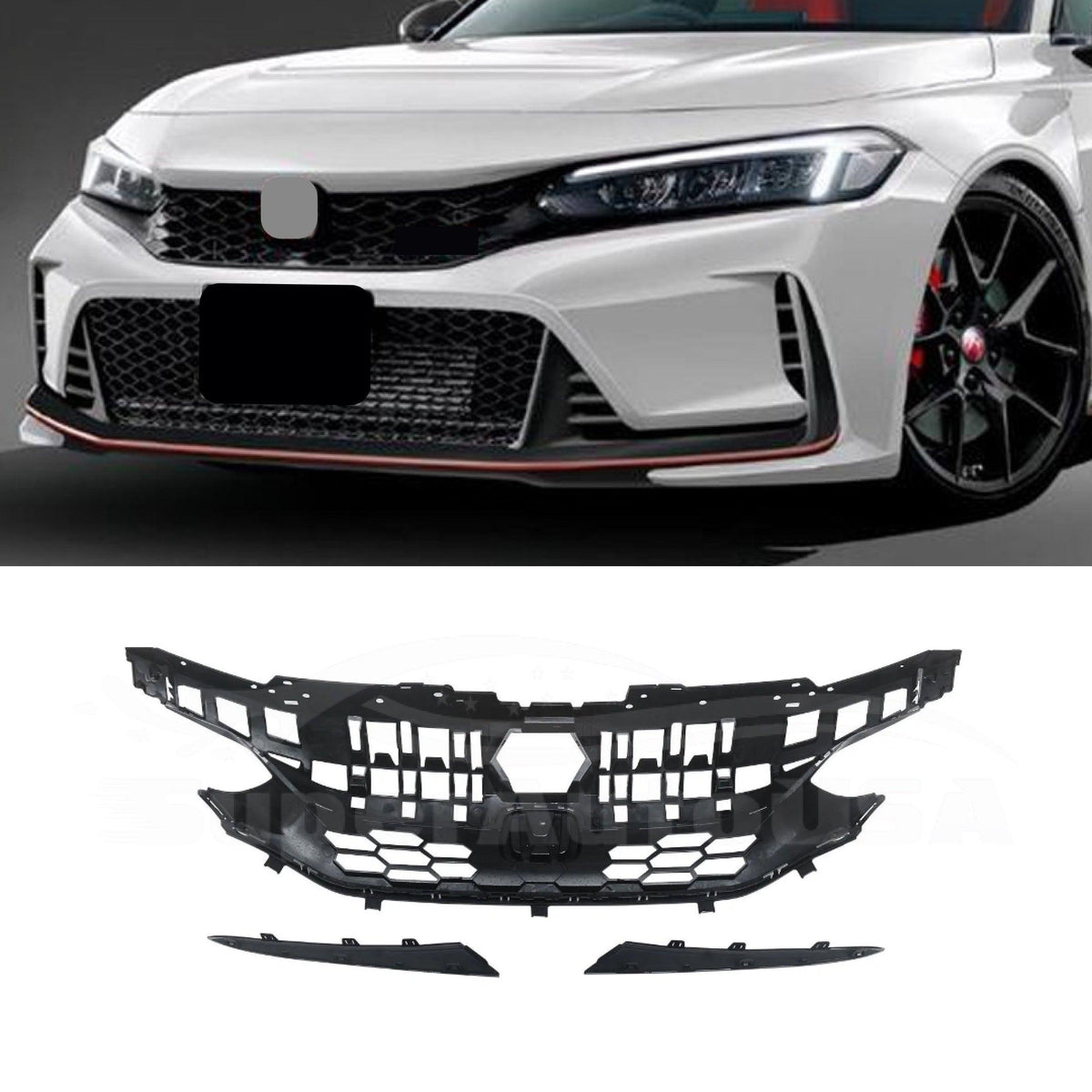 Fit 22-23 Honda Civic Type R Gloss Black Si Style Front Bumper Grille ...
